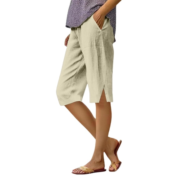 Bermuda Shorts for Women Petite Cotton Linen Knee Length High Waisted ...
