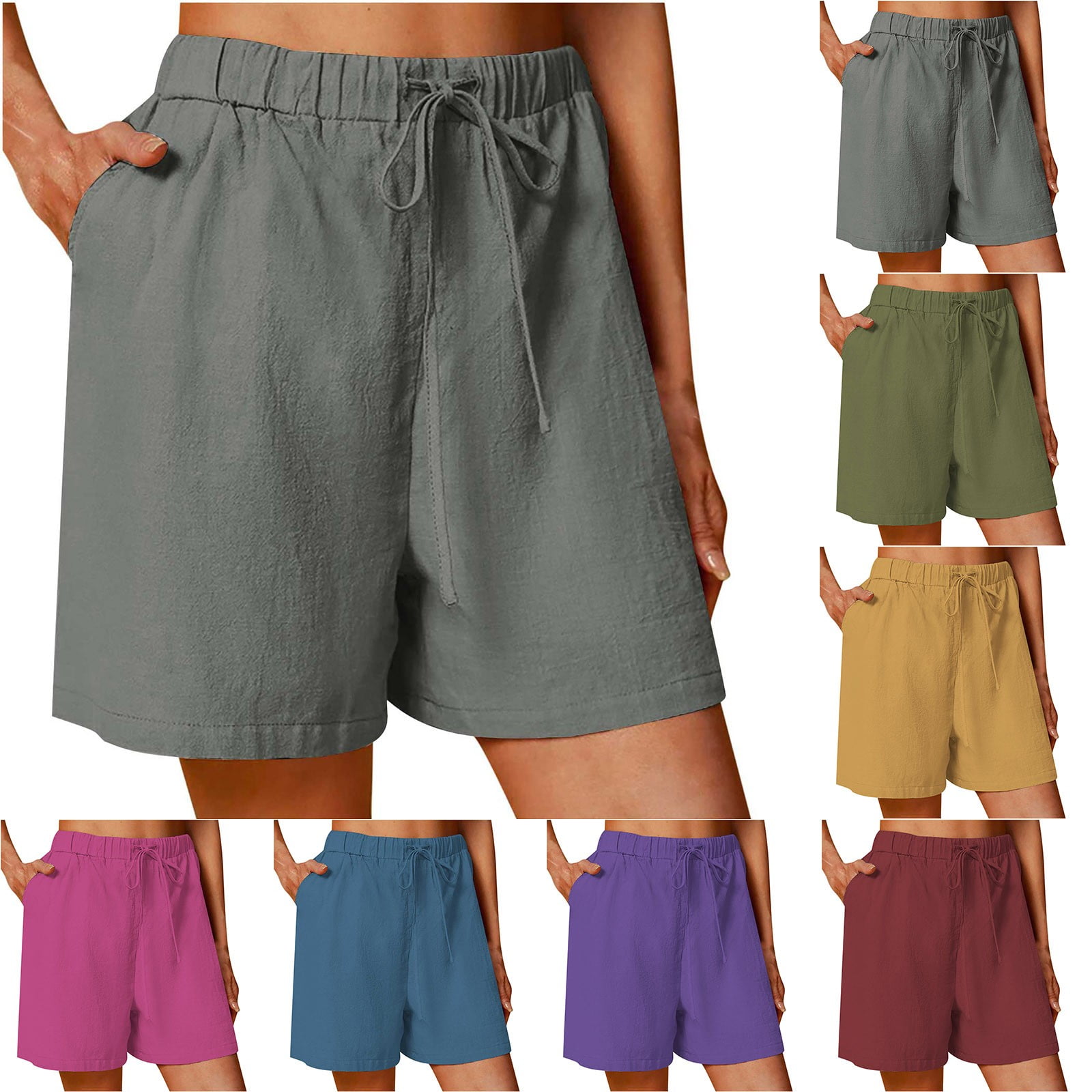 Bermuda Shorts for Women Summer Cotton Linen Wide Leg Drawstring Shorts ...
