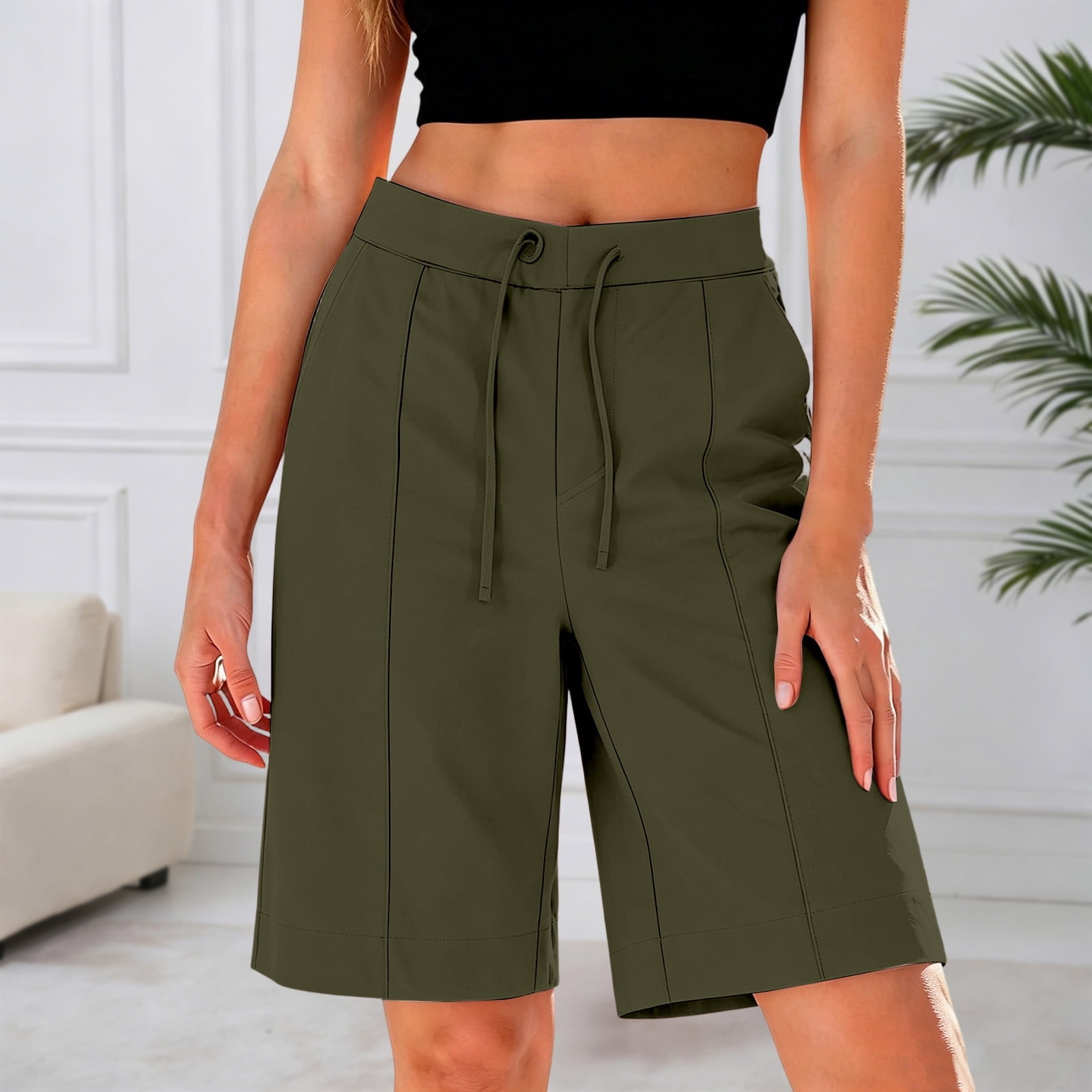 Bermuda Shorts for Women Wide Leg Shorts Knee Length Drawstring Workout ...