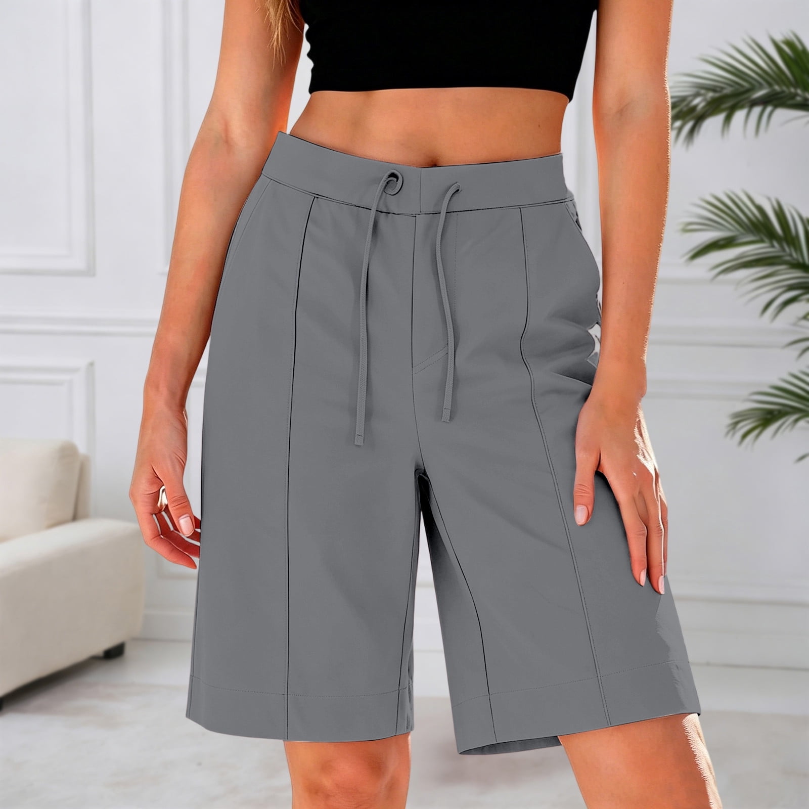 Bermuda Shorts for Women Wide Leg Shorts Knee Length Drawstring Workout ...