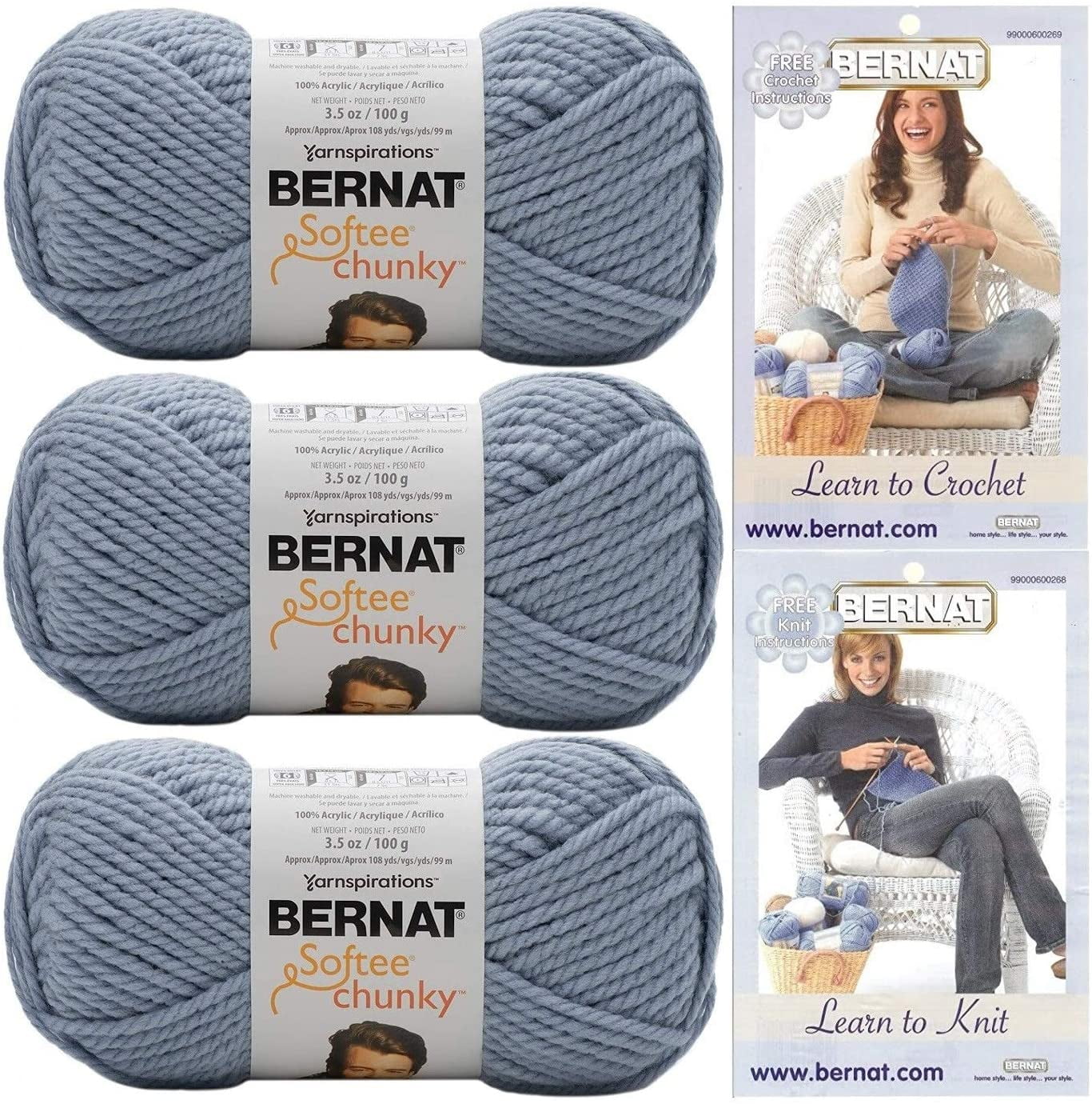 Bernat Softee Chunky Yarn Blundle Super Bulky Number 6 Gauge, 3 Skeins ...