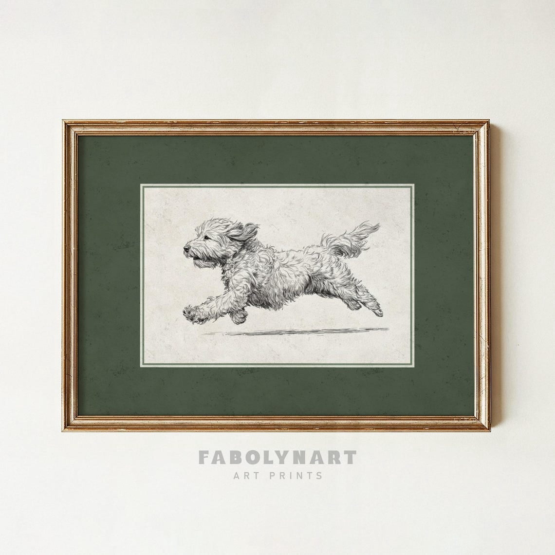 Bernedoodle With Zoomies Sage Green Running Dog Sketch Painting Vintage ...