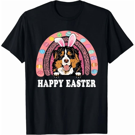 Bernese Mountain Dog Easter Bunny Eggs Hunting Boho Rainbow Graphic Tee ...