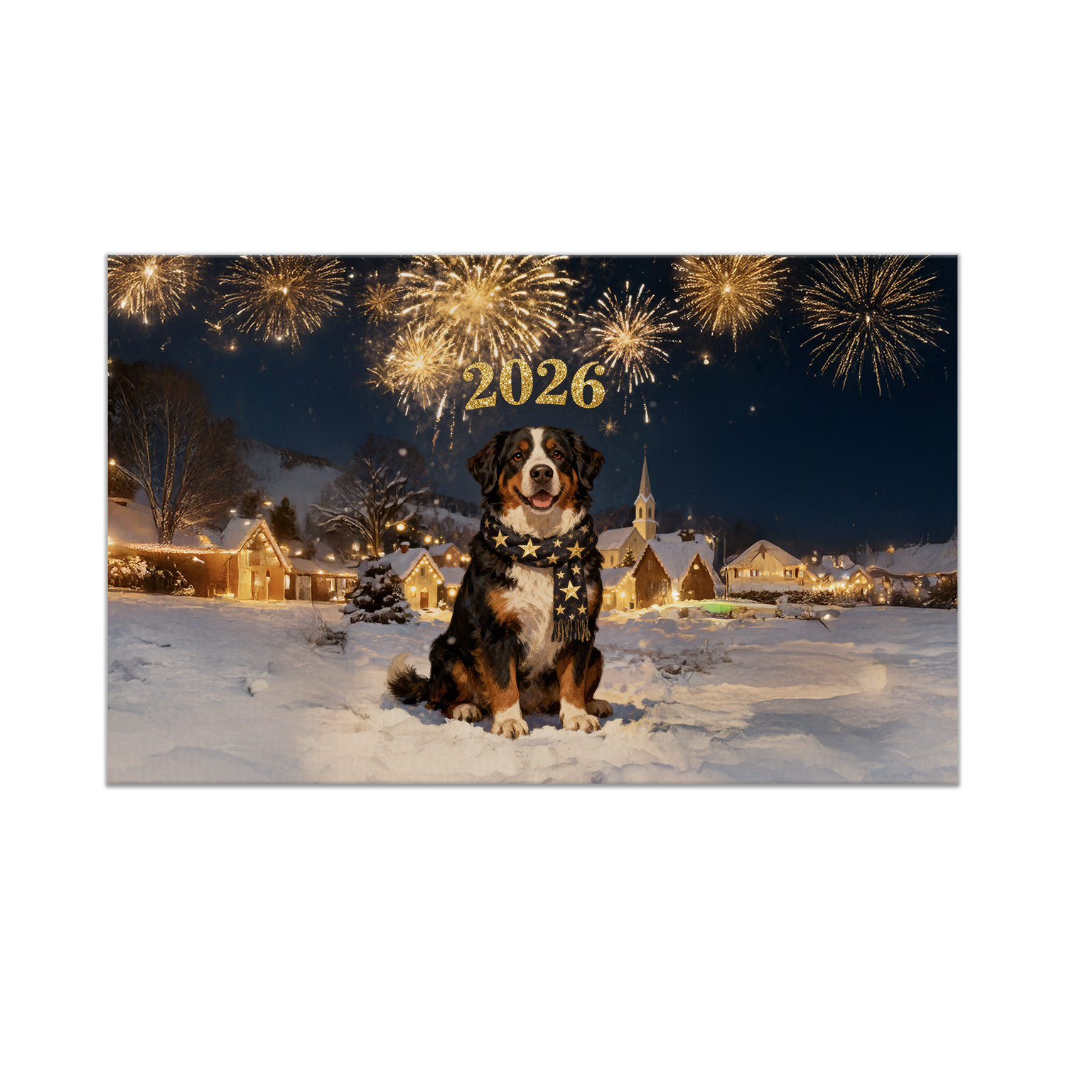 Bernese Mountain Dog Happy New Year 2026 with Fireworks on New Year's ...