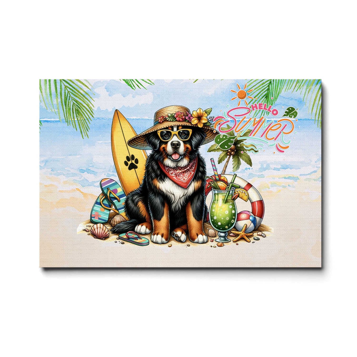 Bernese Mountain Dog Hello Summer with Sunglasses and Surfboard ...