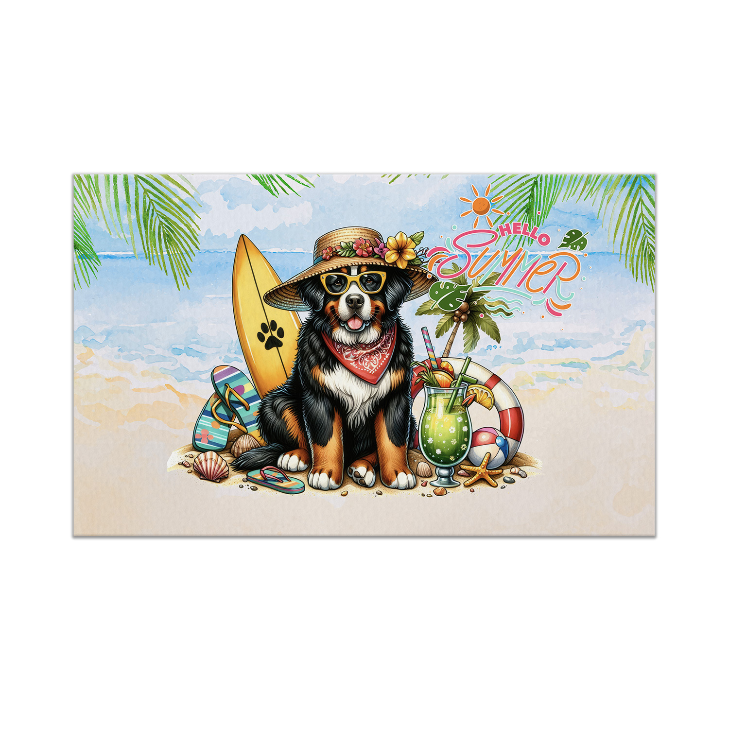 Bernese Mountain Dog Hello Summer with Sunglasses and Surfboard ...