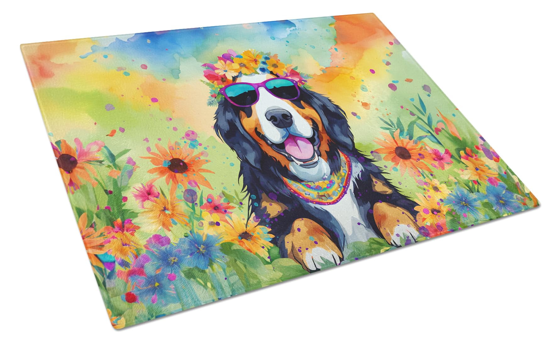 Bernese Mountain Dog Hippie Dawg Glass Cutting Board Large 12 in x 15 ...