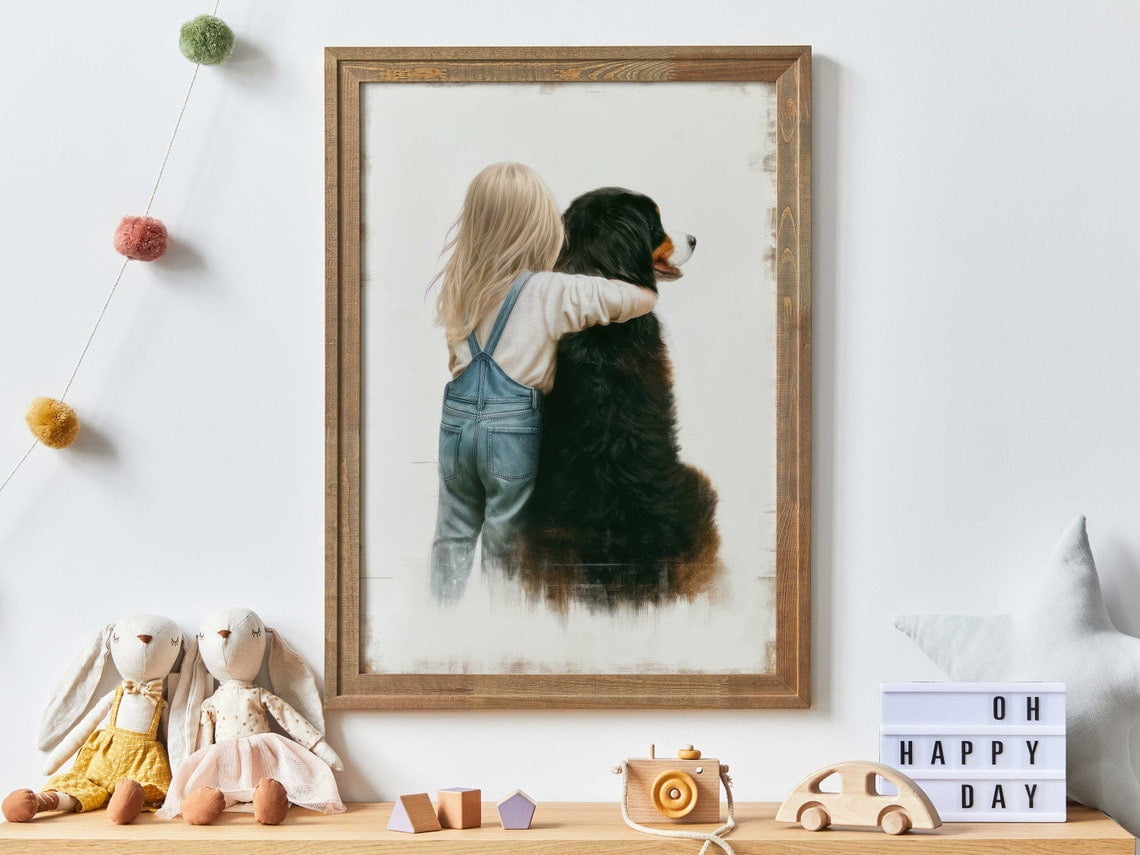 Bernese Mountain Dog Nursery Decor, Dog Wall Art Nursery, Girl And Bernese Mountain Dog Painting ...