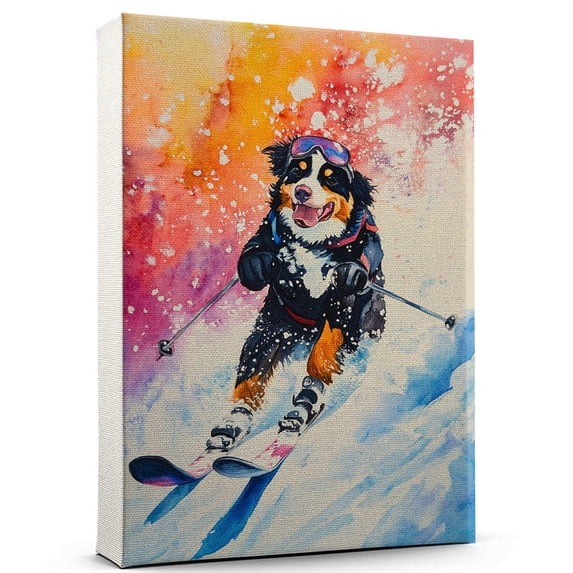Bernese Mountain Dog Playing Skiing Wall Stretched Canvas Size 8x12 ...