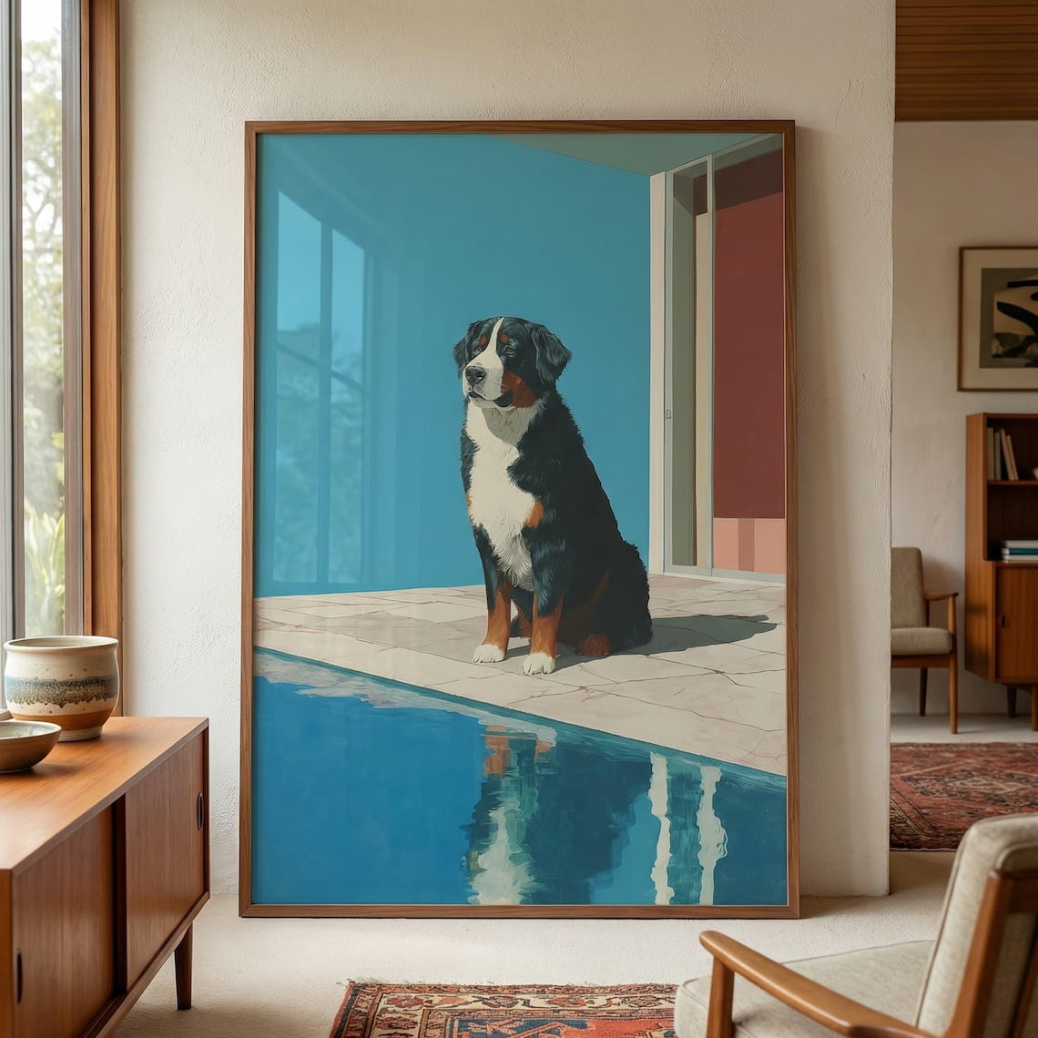 Bernese Mountain Dog Poolside Art Print, Unframed Paper Poster 11x14in ...