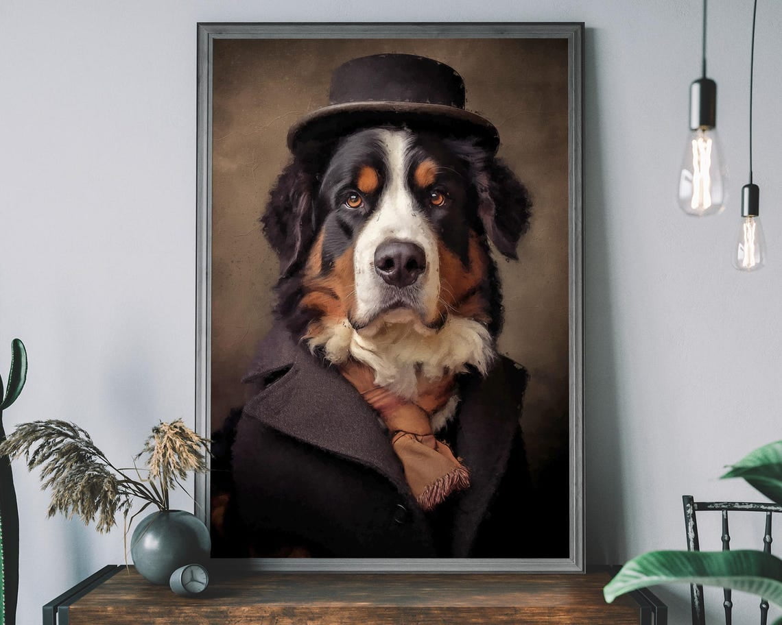 Bernese Mountain Dog Portrait, Renaissance Animal Painting, Altered Art Print, Animal Head Human ...
