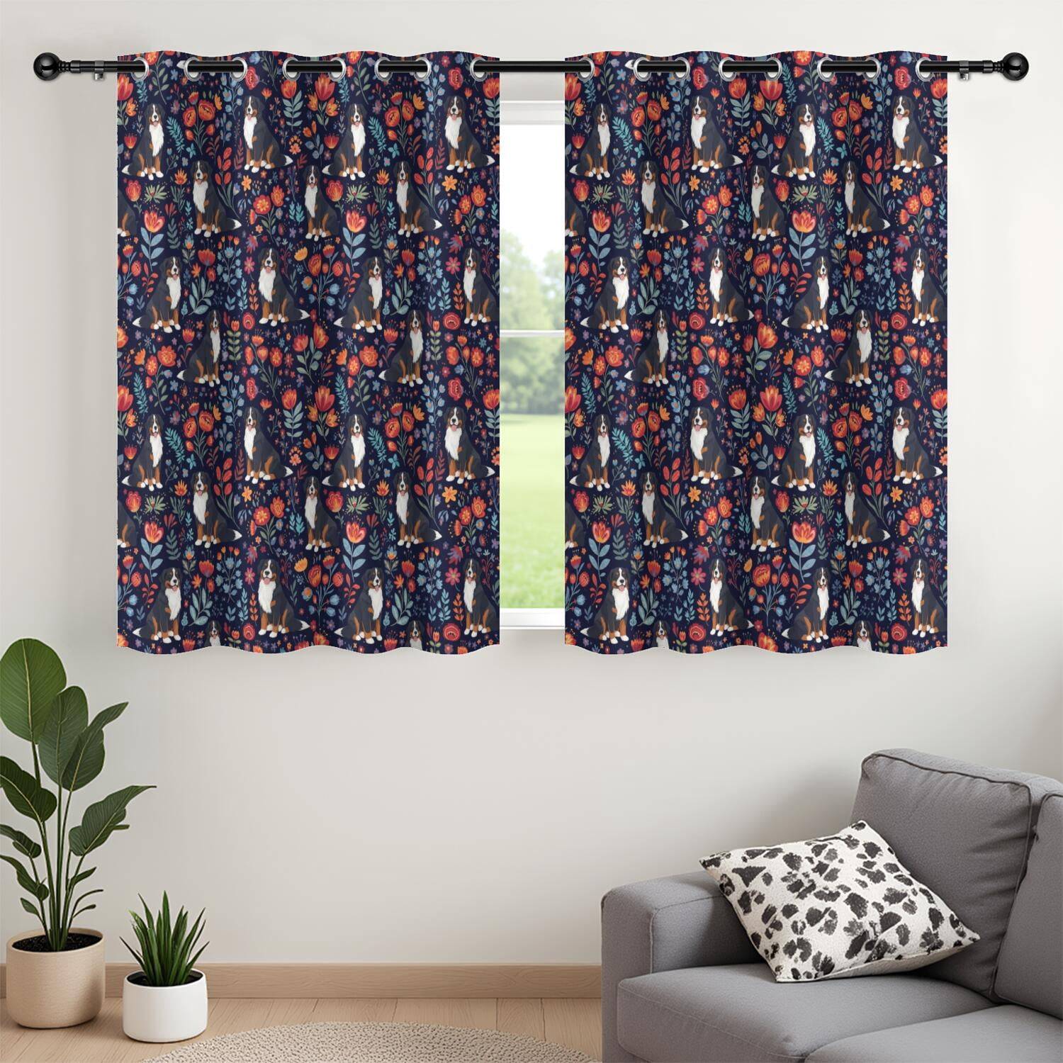 Bernese Mountain Dog and Floral Blackout Curtains,Triple Weaved Fabric ...