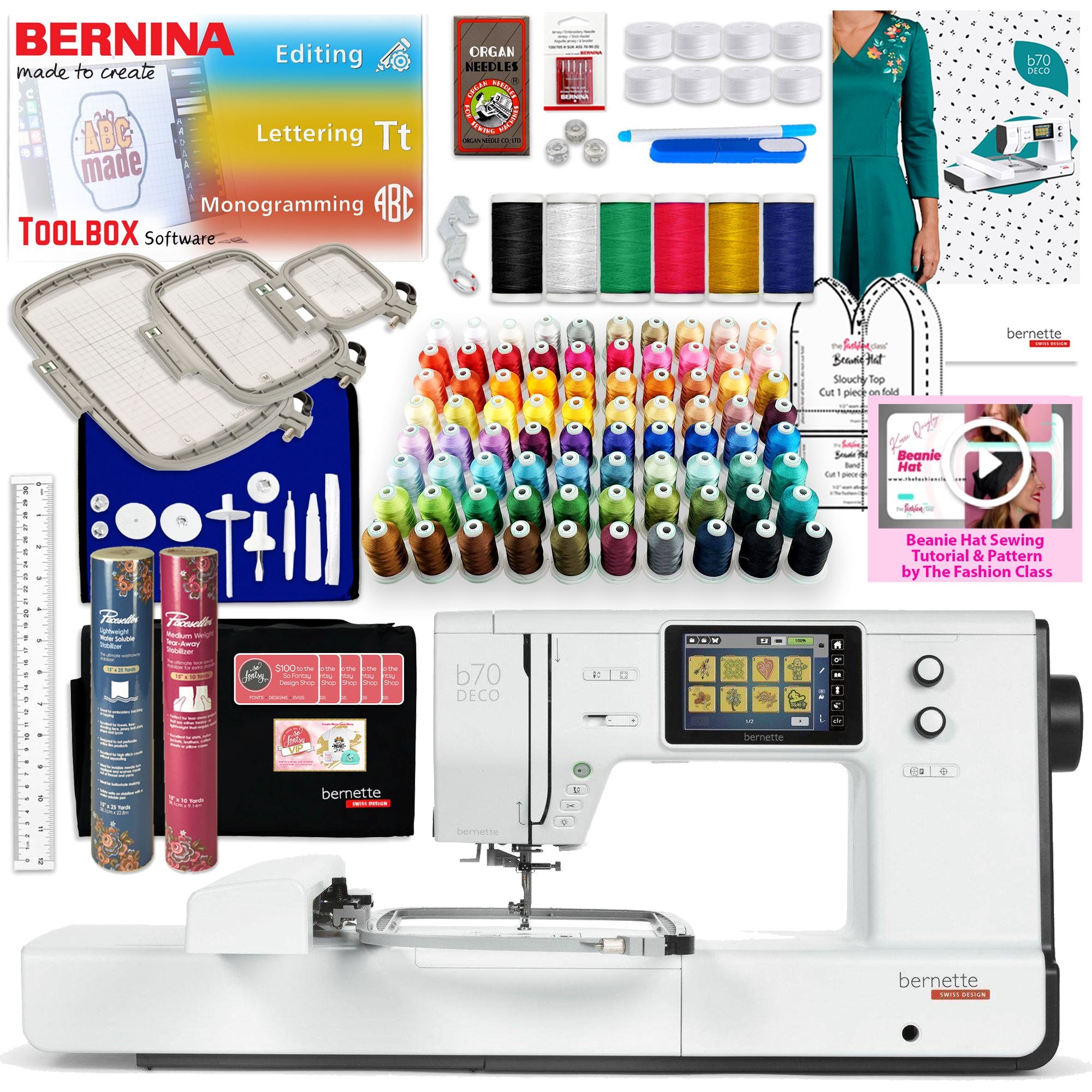 "Bernette B70 Embroidery Machine, 10"" x 6"" Stitching Area, Deluxe Bundle by Fashion Class ...