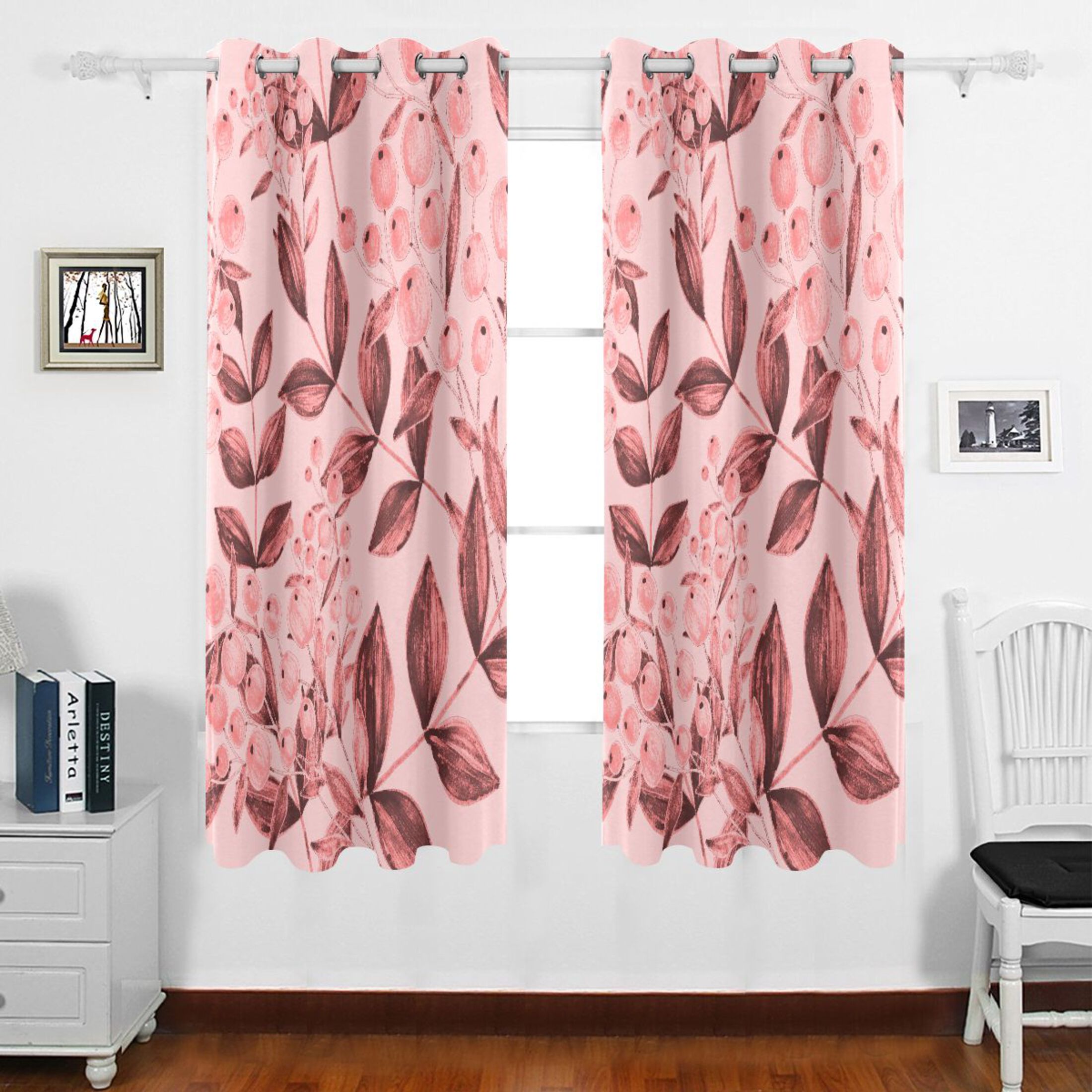 Berries Floral Grommet Blackout Curtains Thermal Insulated Window Curtain Sets for Bedroom ...
