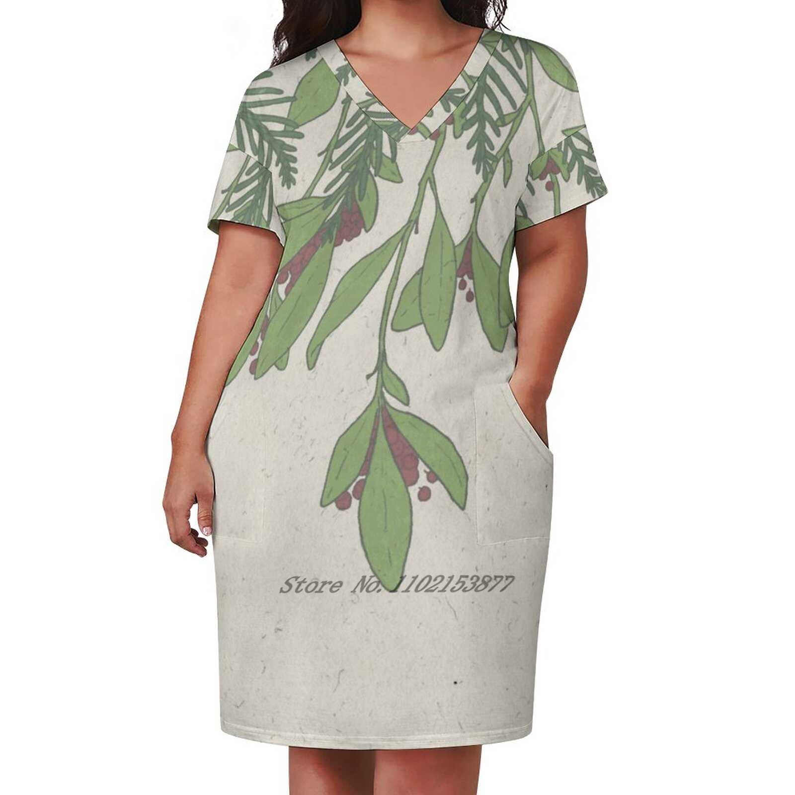 Berries Loose Pocket Dress Print Short Sleeve Dresses V-Neck Dress 5Xl Leaves Pine Needles ...