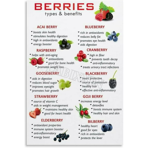 Berries Types And Benefits Guide Poster Health Fruit Kitchen Wall Art ...