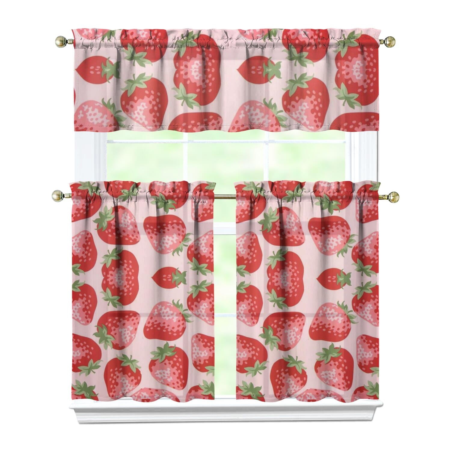 Berry Beautiful Kitchen Curtains Set - 3 Piece Sweet Strawberries Tier ...