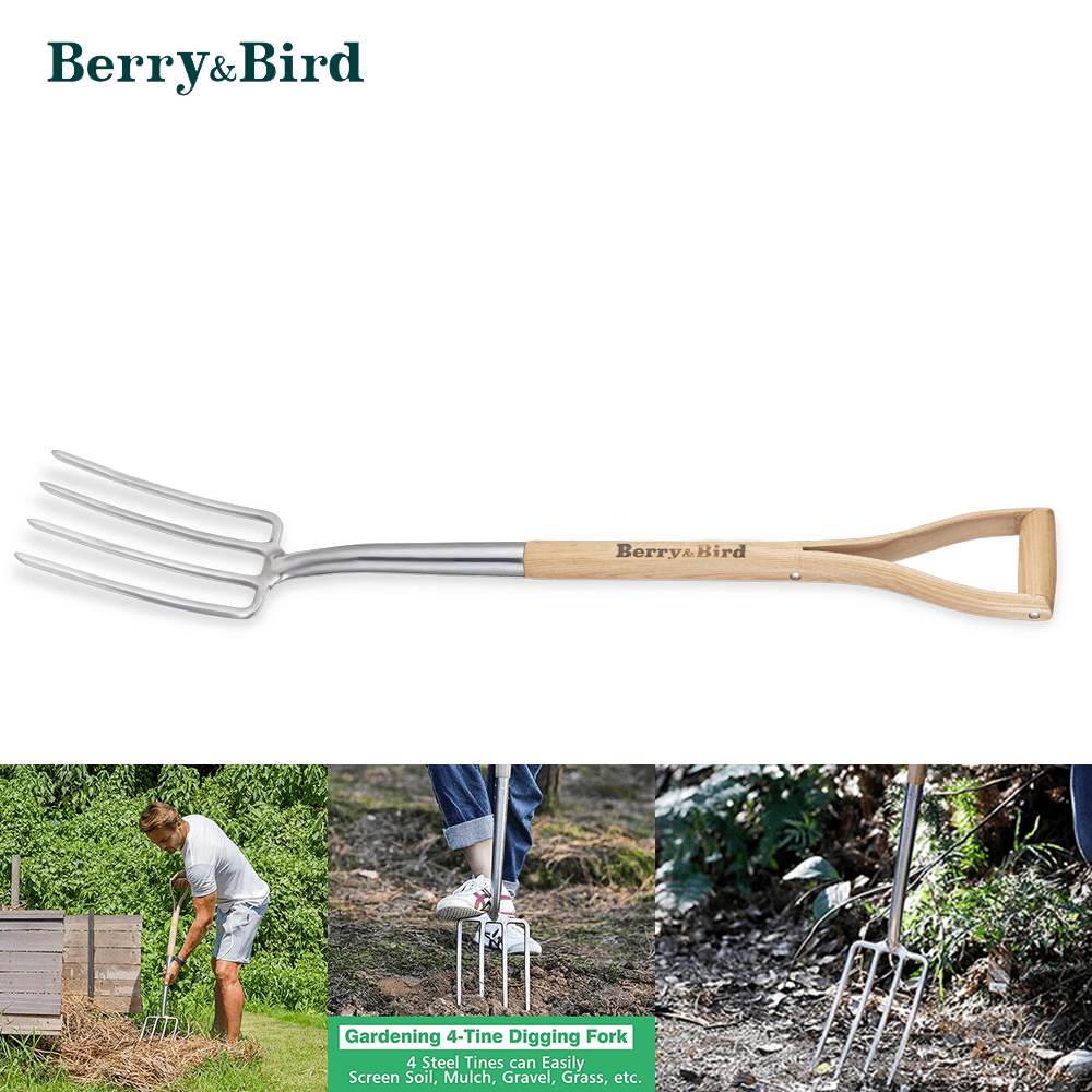 Berry&Bird Garden Tools Gardening Digging Fork 4-Tine Stainless Steel ...