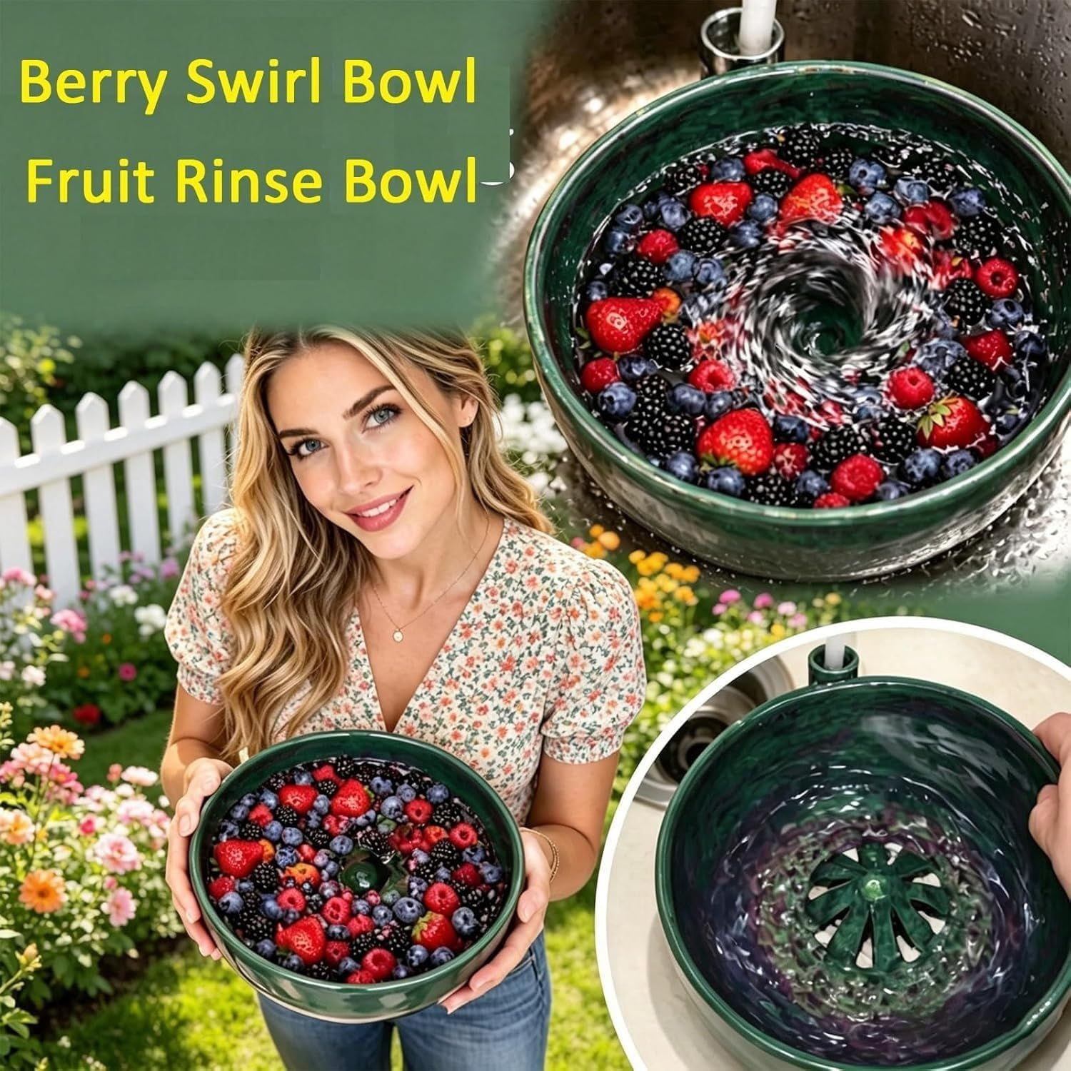 Berry Bowl with Holes Ceramic, Self Spinning Washer with Strainer ...