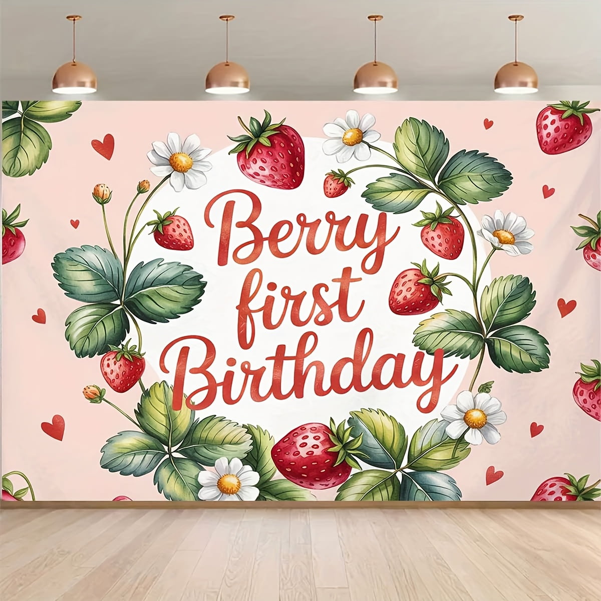 Berry First Birthday Backdrop Pink Floral Hearts Strawberry 1st ...