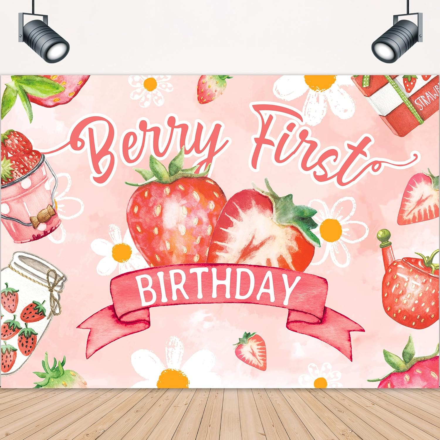 Berry First Birthday Backdrop for Strawberry Watercolor Pink Fruit ...