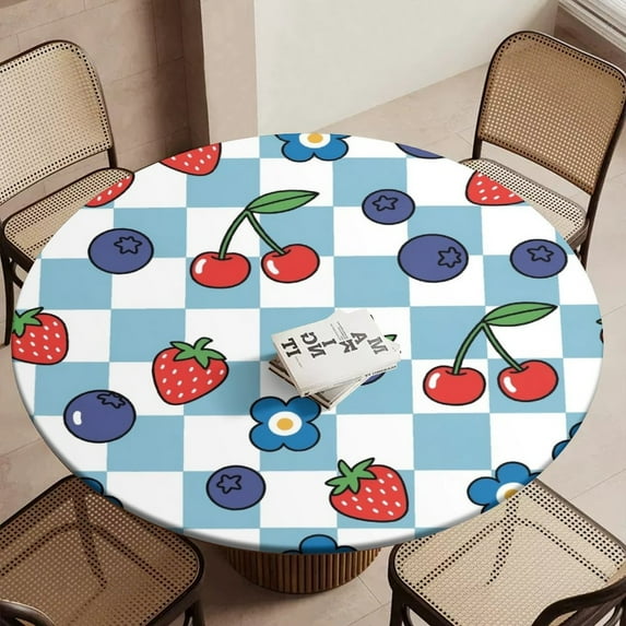 Berry Floral Checkered Pattern Round Table Cover Kitchen Printed ...