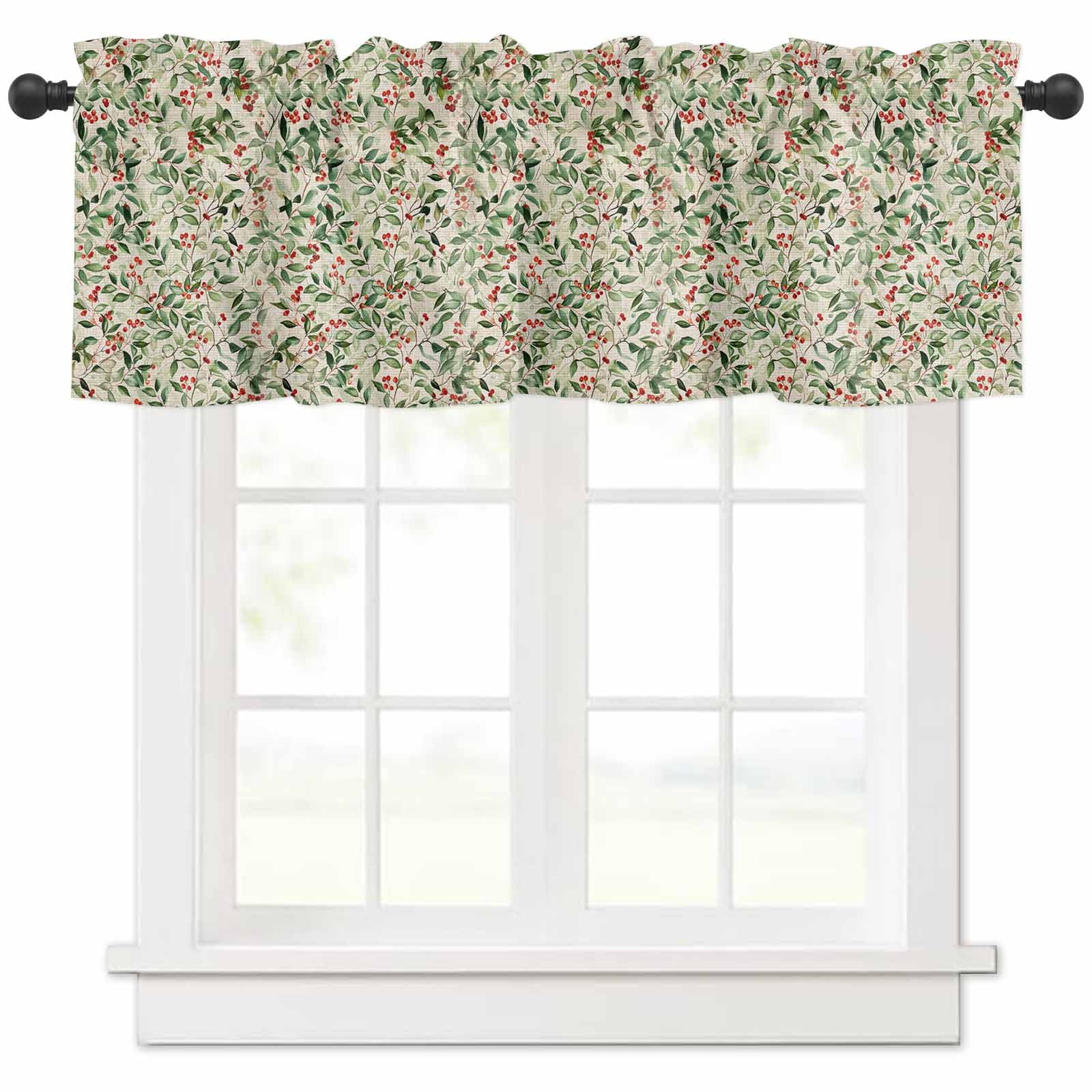 Berry Green Leaf Valances for Windows, Christmas Watercolor Plant Light ...