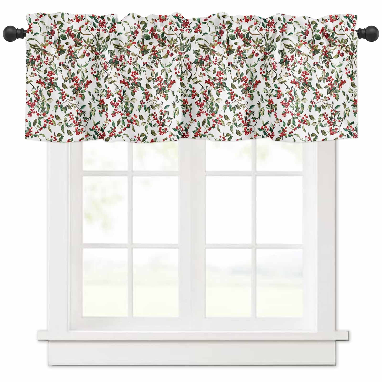 Berry Green Leaf Valances for Windows, Christmas Watercolor Plant Light ...