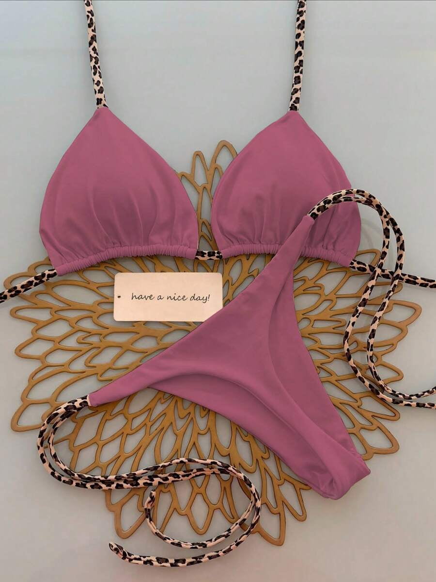Berry Powder Two-Piece Triangle Bikini Set With Leopard Print Tie ...