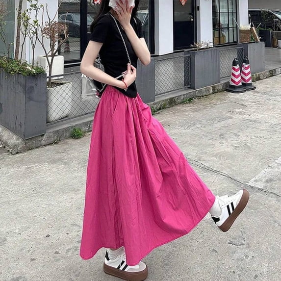 Berry Red High-Waisted Pleated A-Line Midi Skirt Loose Flowing Solid ...