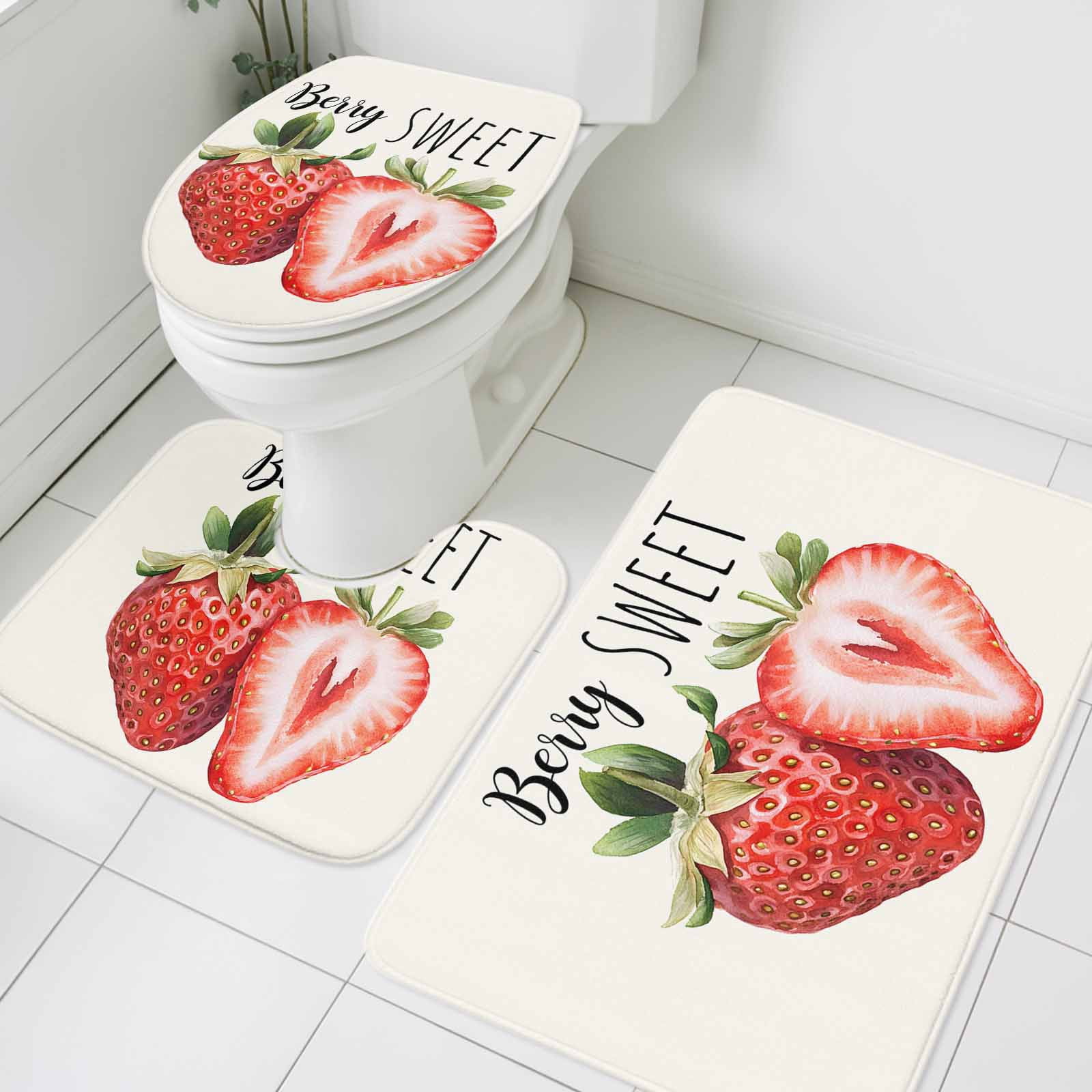 Berry Sweet Bathroom Rugs Set Watercolor Red Strawberry Country Non ...