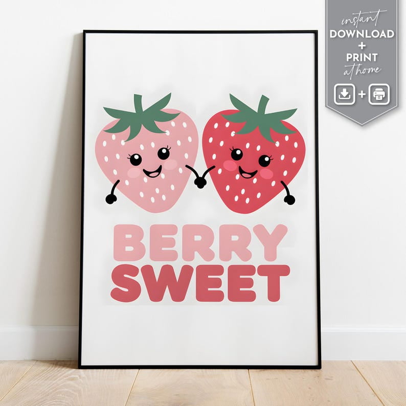 Berry Sweet Strawberry Poster Cute Kawaii Fruit Pun Print for Nursery ...