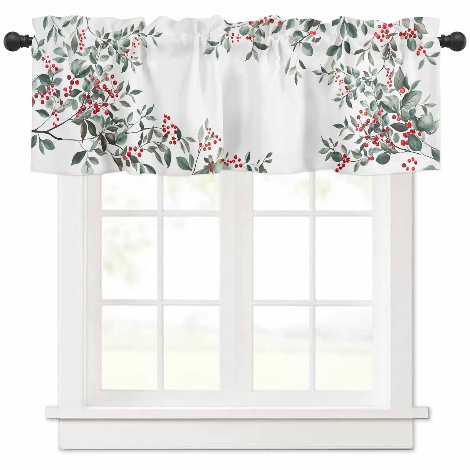 Berry Watercolor Leaf Valances for Windows, Christmas Winter Xmas Light ...