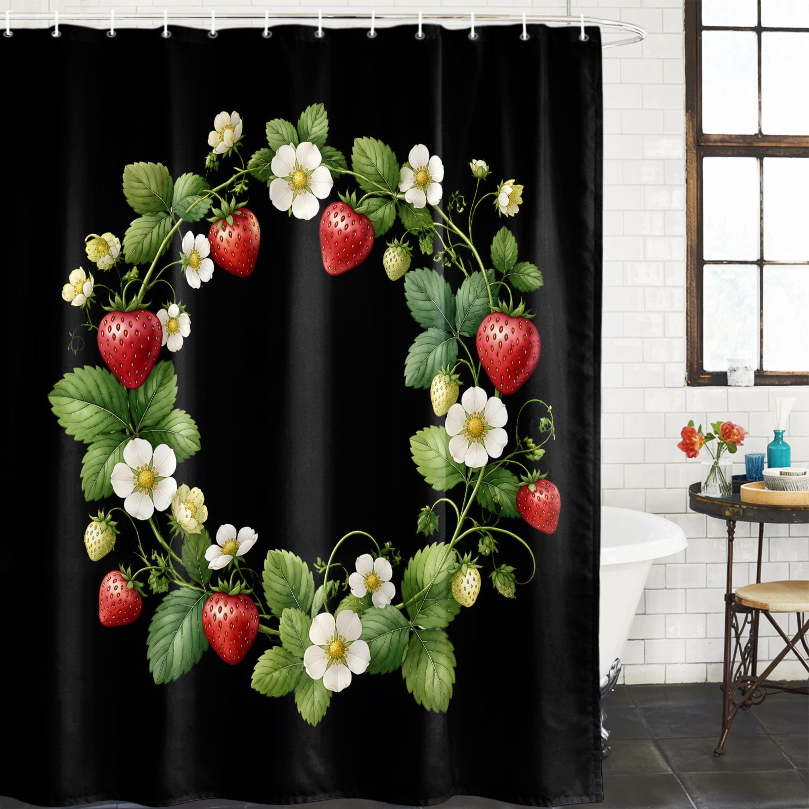 Berry Wreath Shower Curtain, Red Strawberry White Floral Green Leaves ...