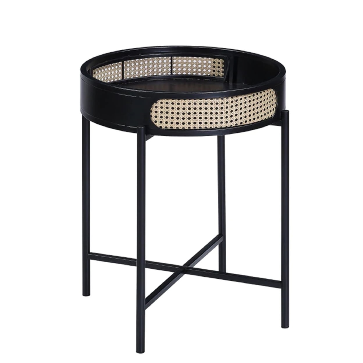 Bert 24 Inch Round End Table Rattan Apron Accent Metal Legs Black ...