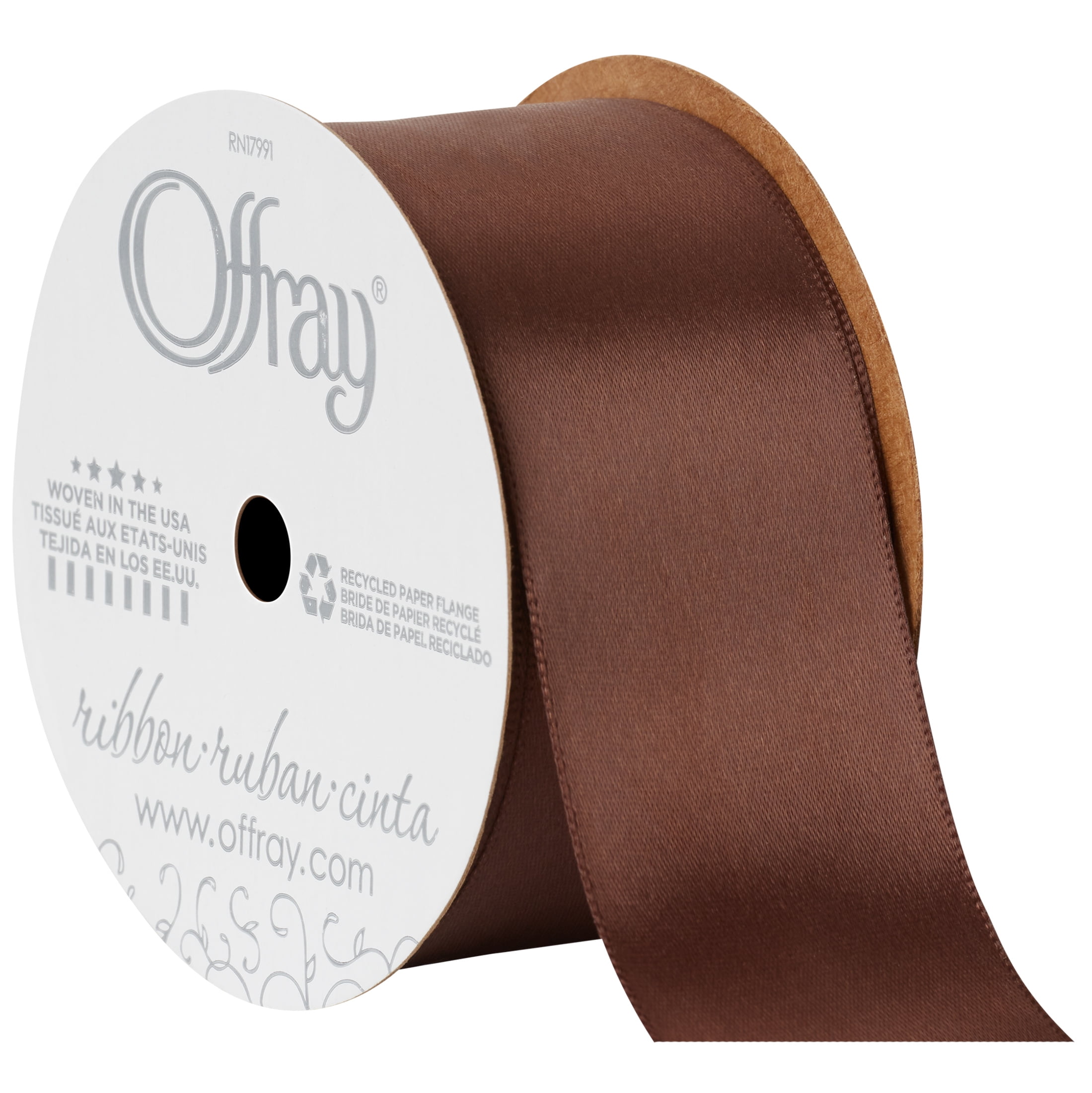Offray Ribbon, Brown 1 1/2 inch Single Face Satin Polyester Ribbon, 12 ...