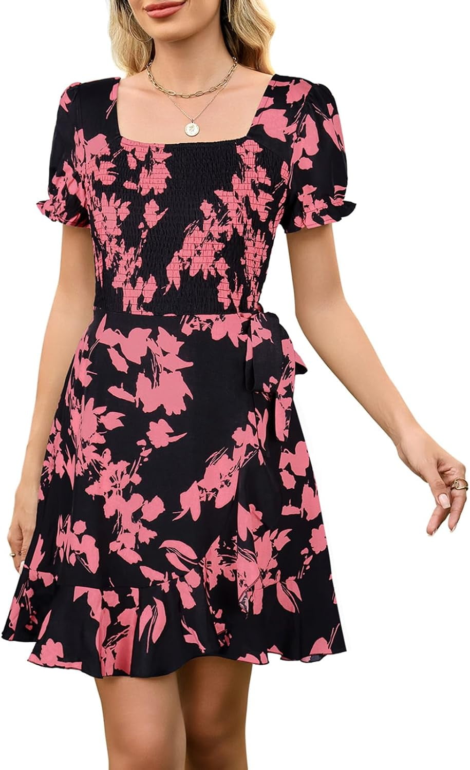 Berydress Women's Smocked Wrap Dress 2025 Square Neck Short Sleeve ...