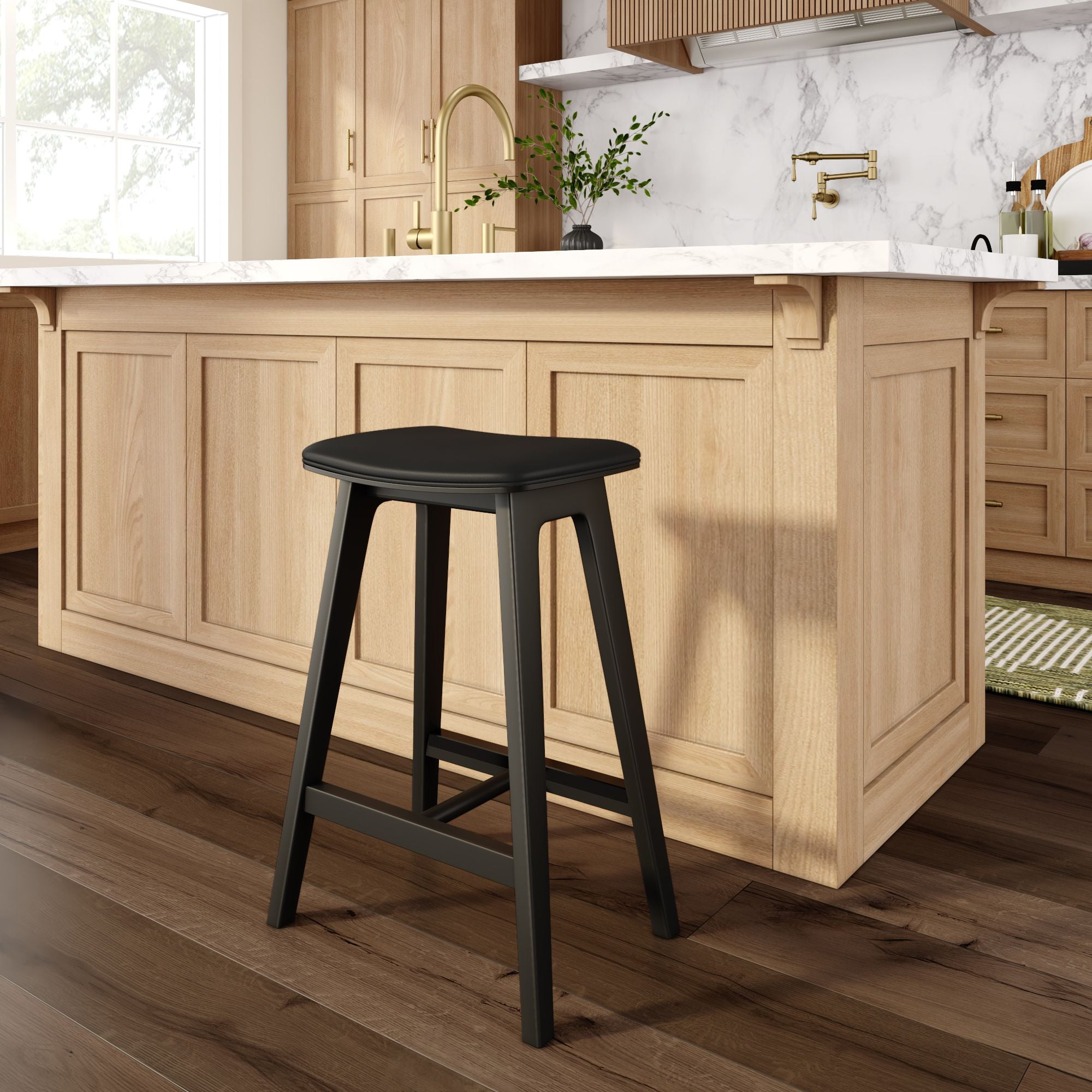 Beryl Upholstered Counter Height Stool (24in), Black/Black PU Leather ...