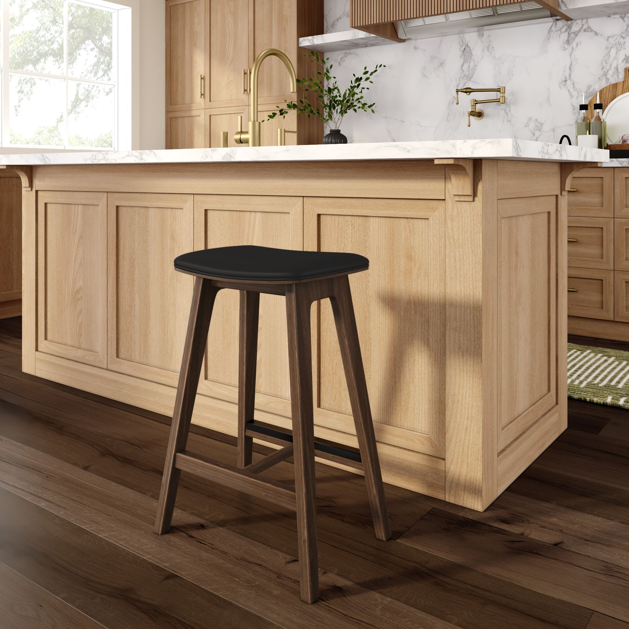 Beryl Upholstered Counter Height Stool (24in), Walnut/Black PU Leather ...