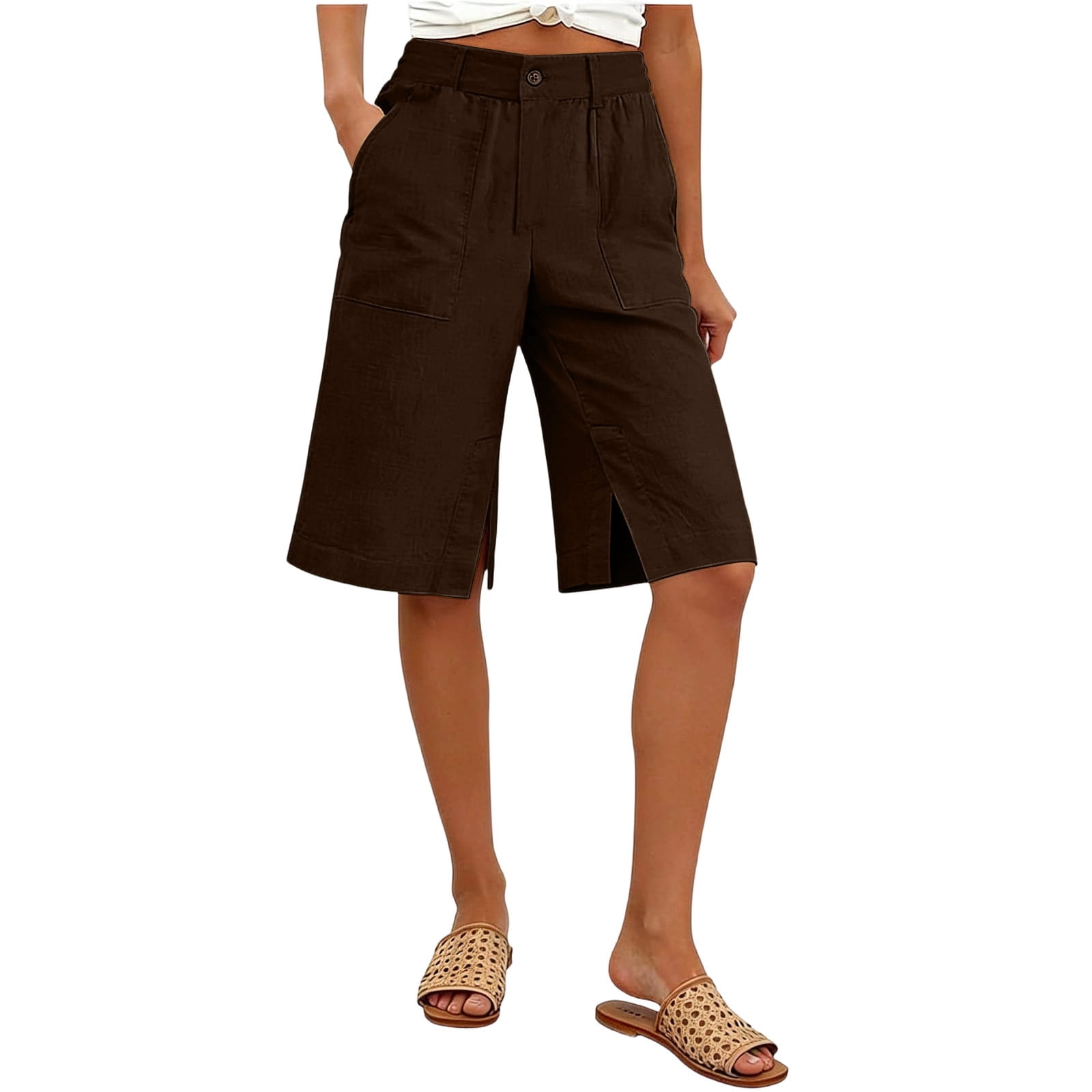 Besolor Bermuda Shorts for Women Knee Length High Waist Straight Leg ...