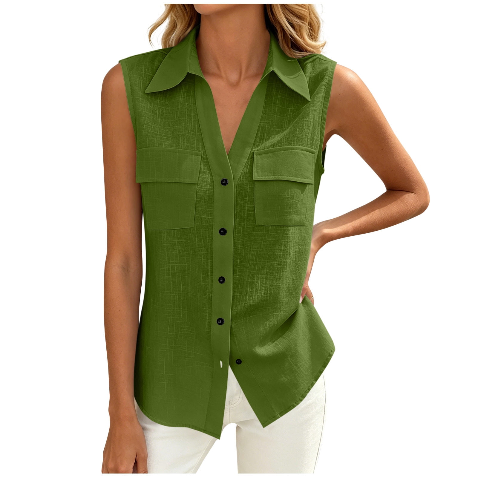 Besolor Button down Shirts for Women Summer Cotton Linen Sleeveless ...