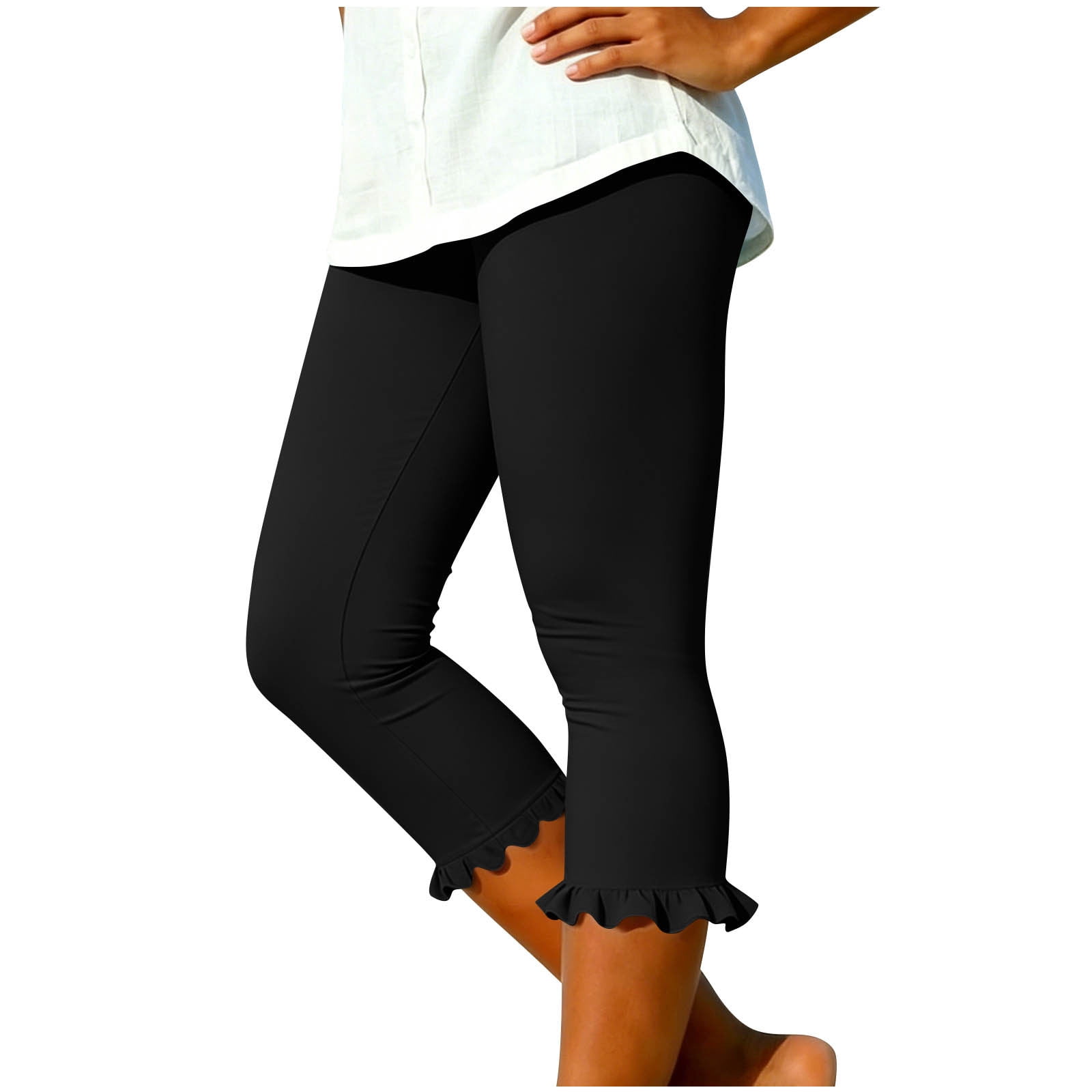 Besolor Capri Leggings for Women Elastic Waisted Ruffle Hem Stretch ...