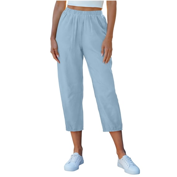 Besolor Cotton Linen Capris for Women Casual Loose Straight Leg Elastic ...