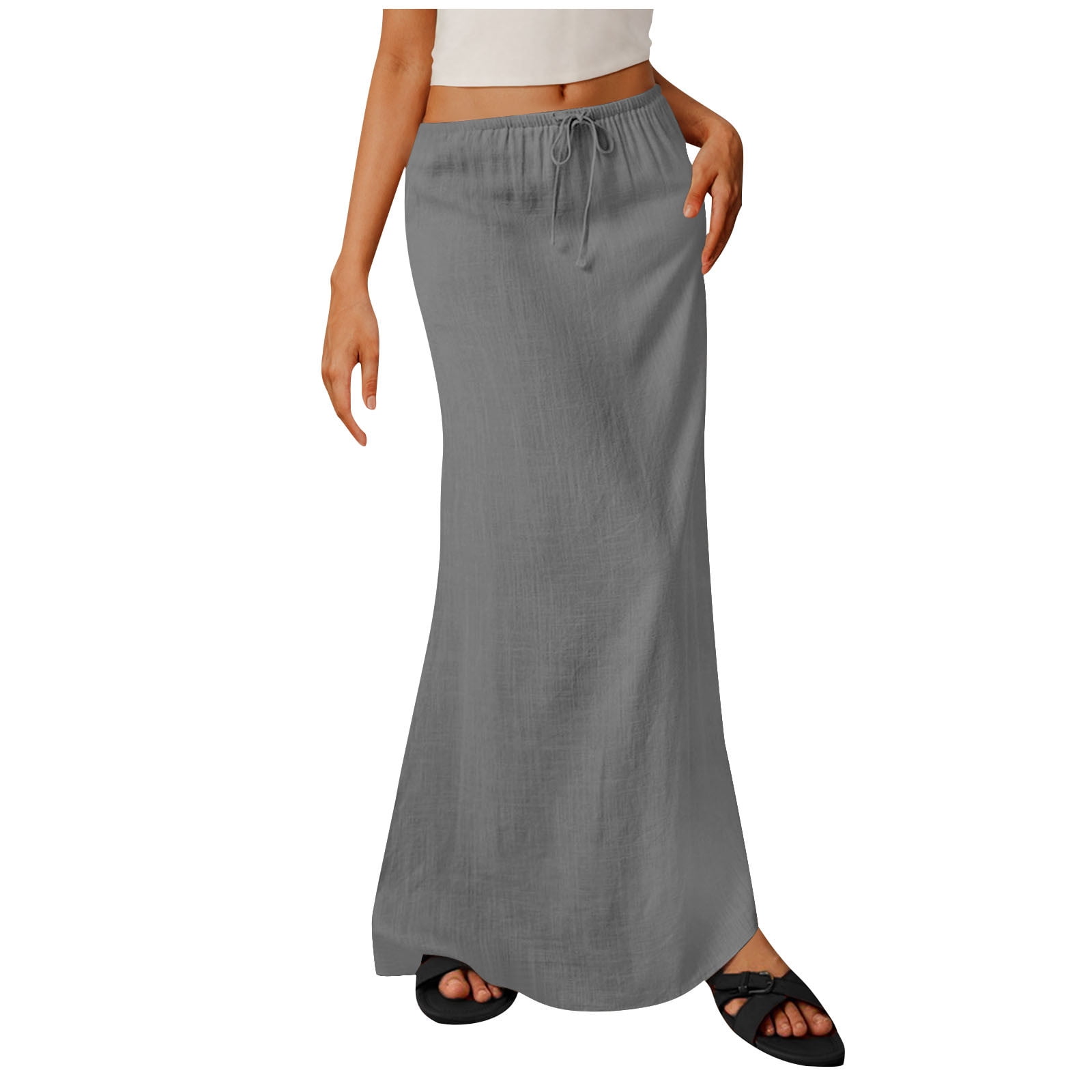Besolor Cotton Linen Maxi Skirts for Women Elastic Waist Drawstring ...