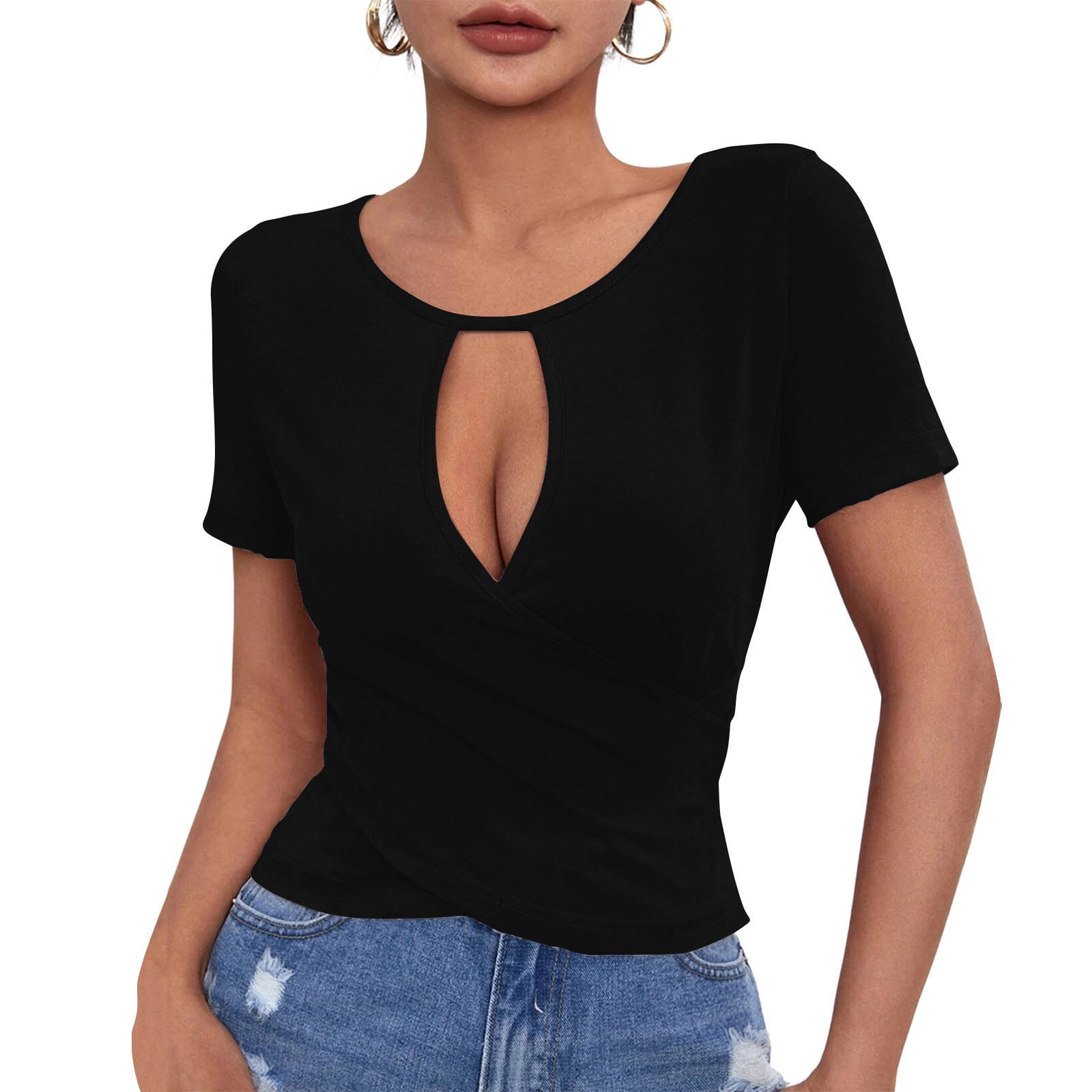 Besolor Crop Tops for Women Short Sleeve Wrap Cutout Keyhole Crewneck ...