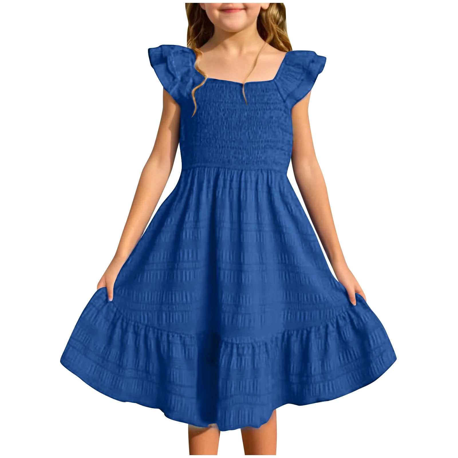 Besolor Girl's Summer Dresses Smocked Ruffle Sleeve Square Neck Pleated ...