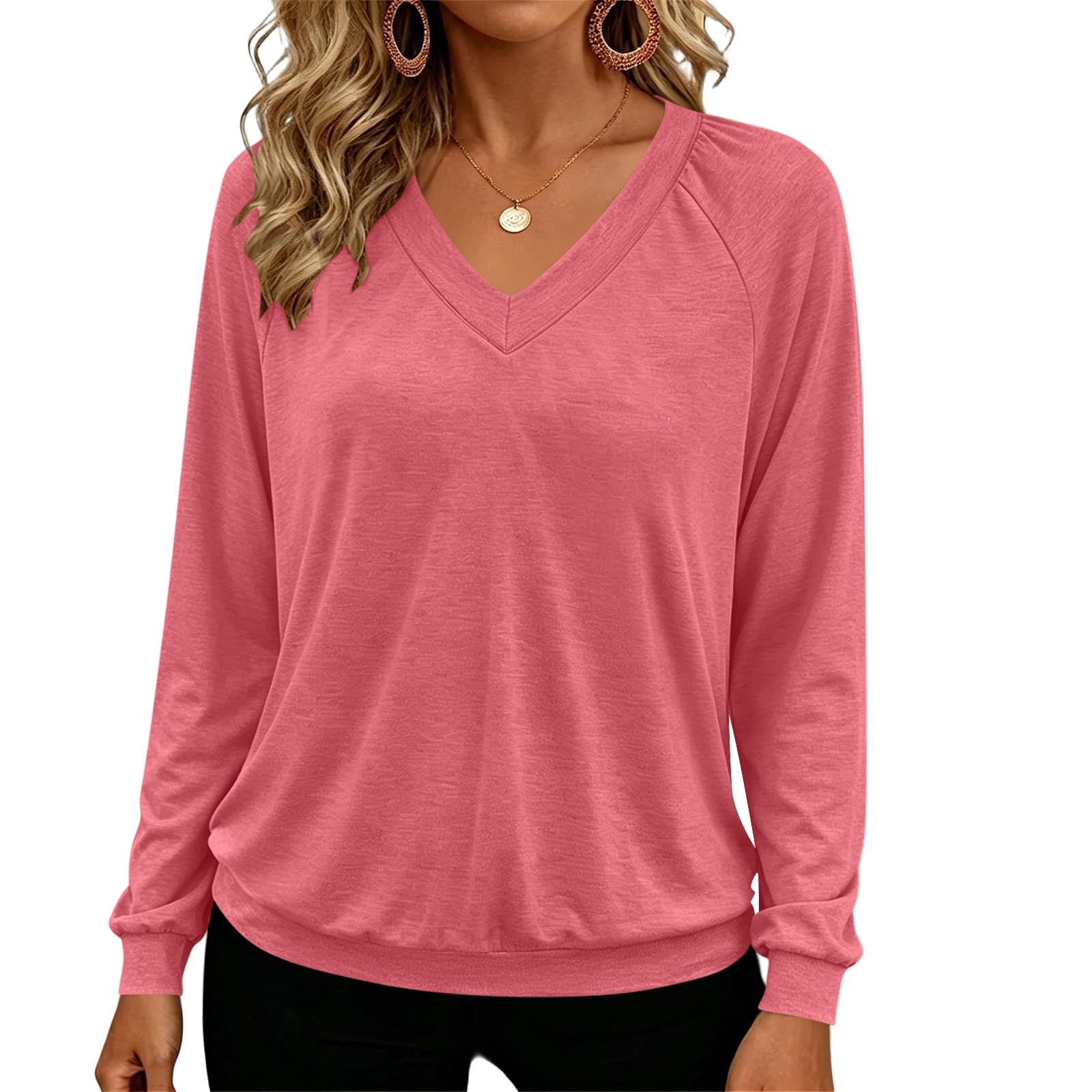 Besolor Long Sleeve Shirts for Women V Neck Tops Fall Casual Loose ...