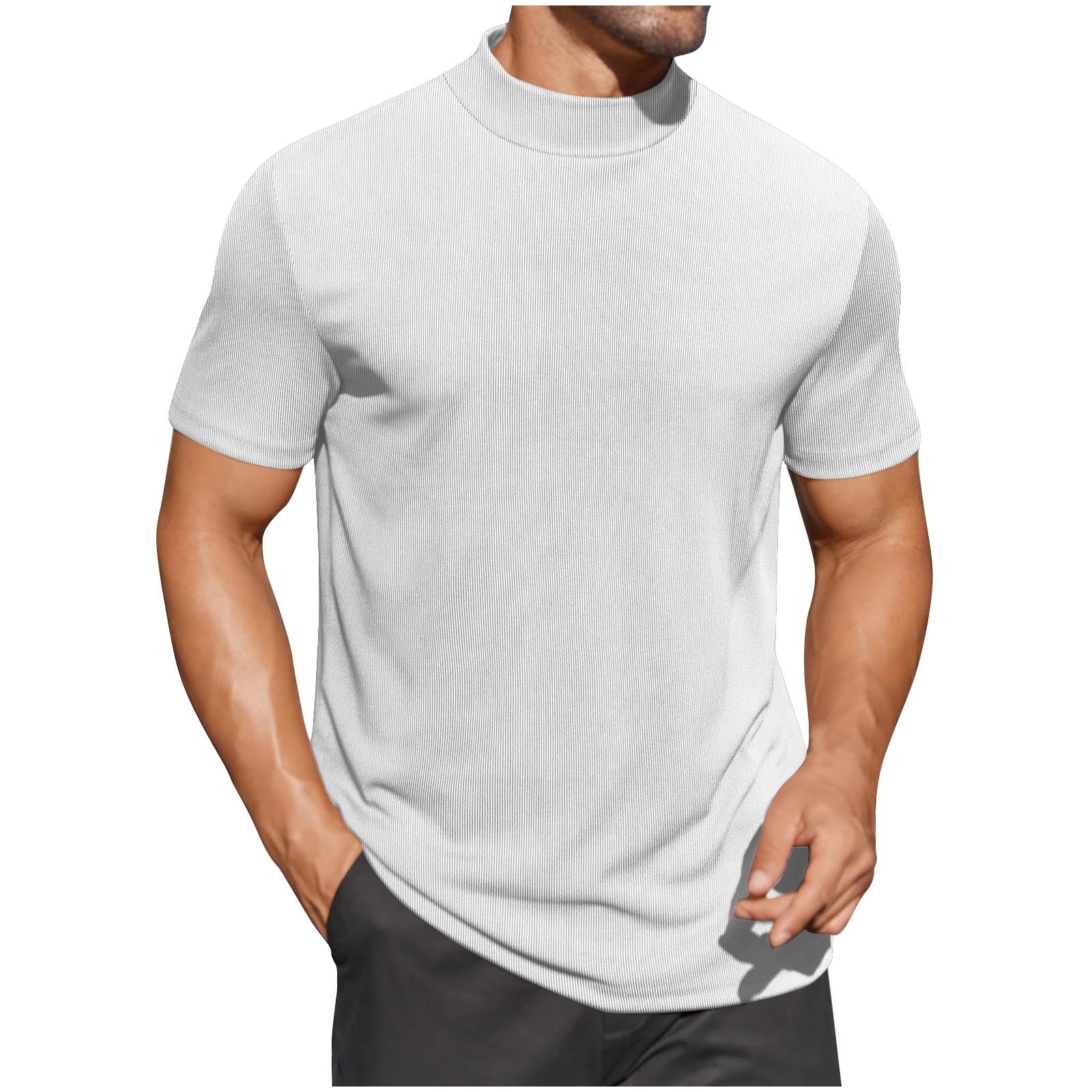 Besolor Men's Summer T-Shirts Ribbed Mock Neck Short Sleeve Shirts ...