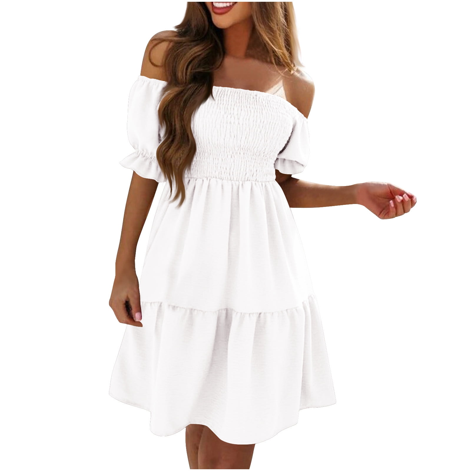 Besolor Women's Summer White Dresses Off Shoulder Short Sleeve Ruffle ...