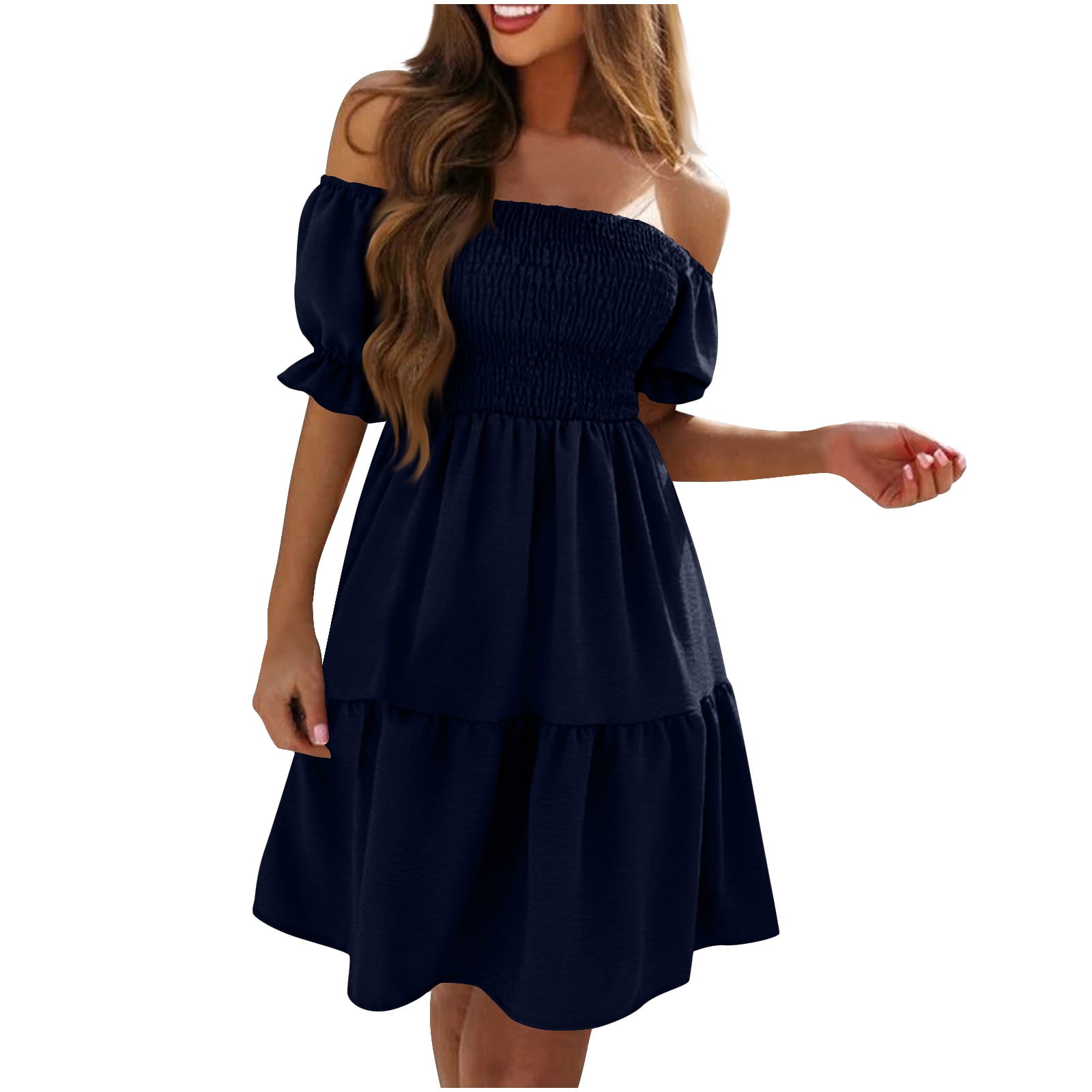 Besolor Off Shoulder Dress for Women Short Sleeve Ruffle Boho Sundress ...